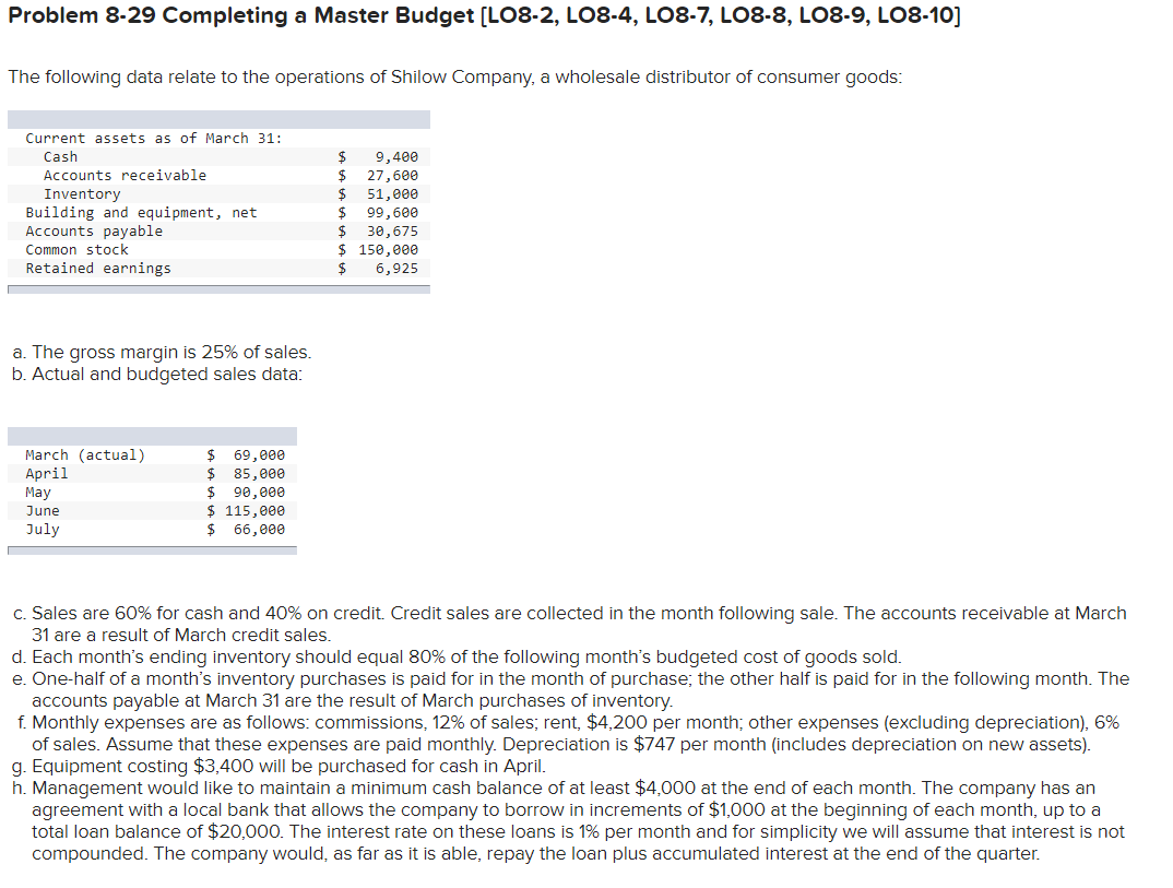 Solved Problem 8-29 Completing a Master Budget [LO8-2, | Chegg.com
