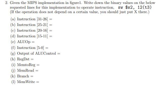 Solved 2. Given the MIPS implementation in figurel. Write | Chegg.com