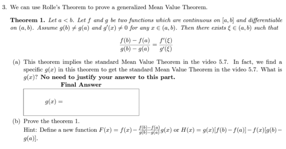 Solved We Can Use Rolle s Theorem To Prove A Generalized Chegg