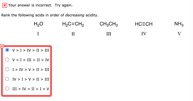 Solved x Your answer is incorrect. Try again. Rank the | Chegg.com