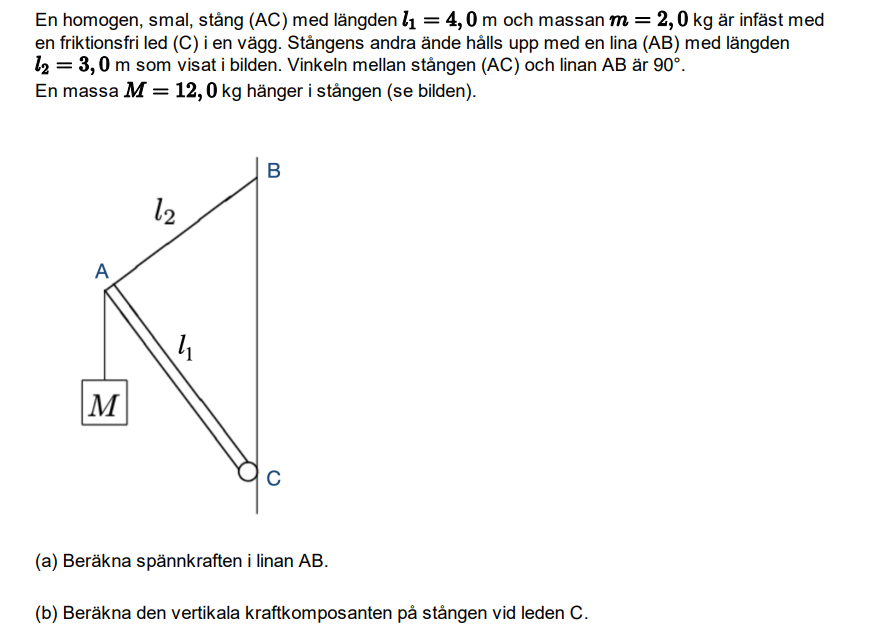 Solved En homogen, smal, stång (AC) ﻿med längden l1=4,0m | Chegg.com
