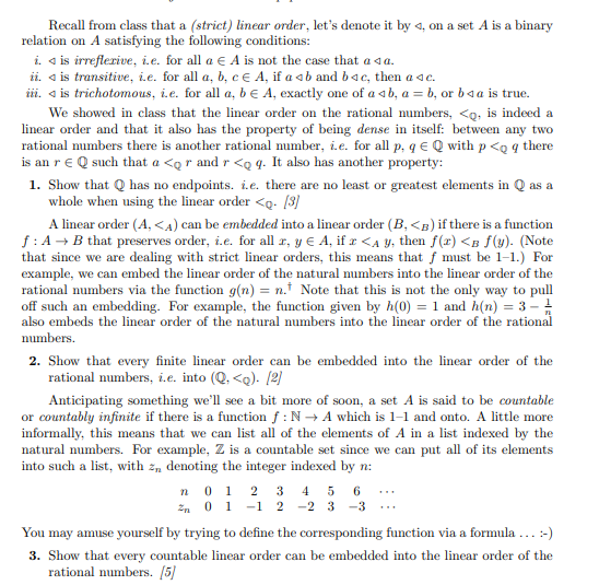 Solved a Recall from class that a strict) linear order, | Chegg.com