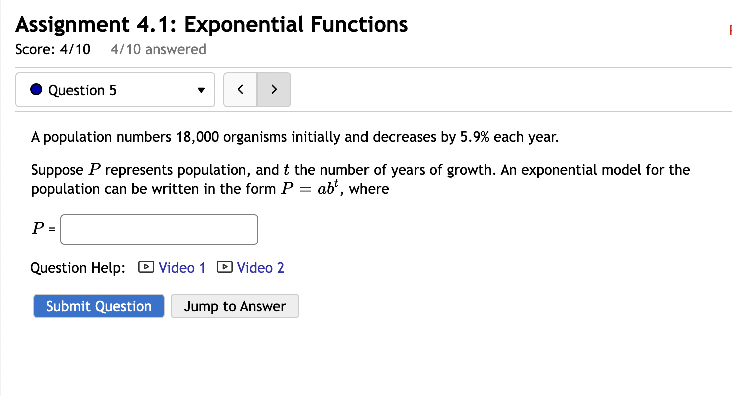 Solved Assignment 4.1: Exponential Functions Score: 4/10 | Chegg.com