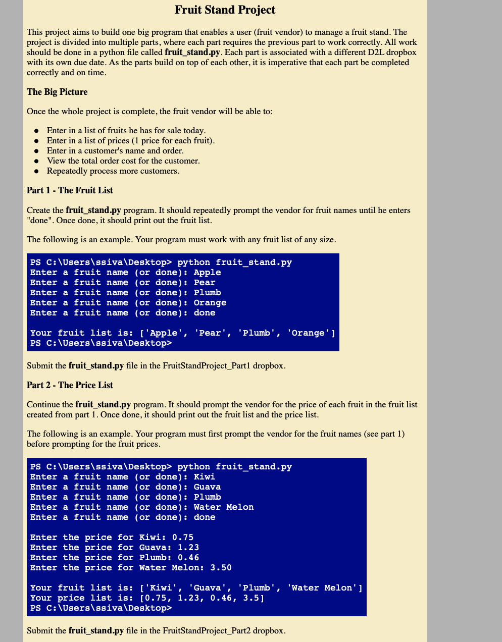 Solved Fruit Stand Project Please post the answers for each | Chegg.com