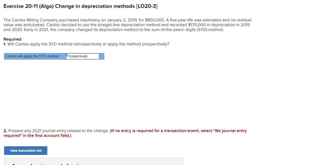 Solved Exercise 20-11 (Algo) Change in depreciation methods | Chegg.com