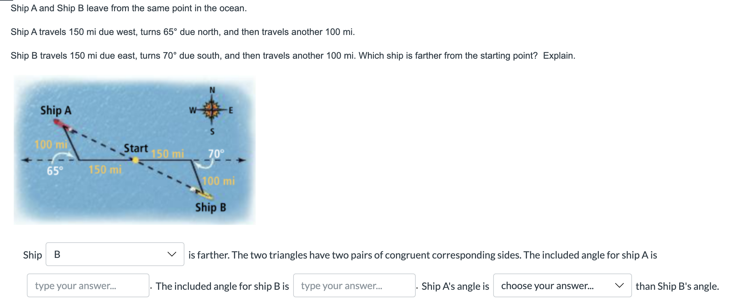 Solved Ship (A or B) is farther. The two triangles have two | Chegg.com