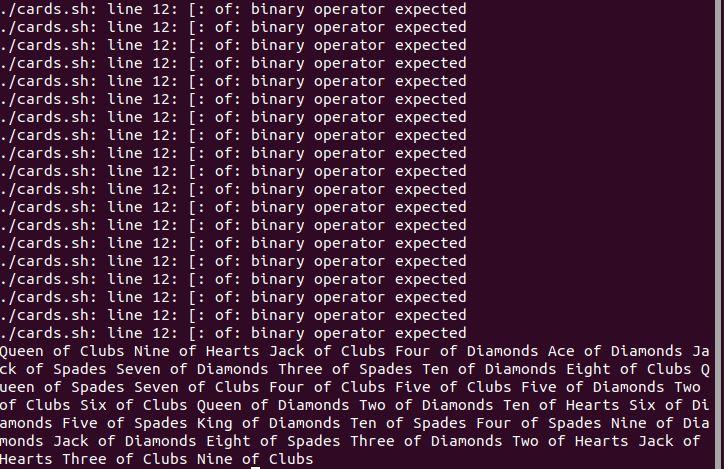 Solved ./cards.sh: line 12: [: of: binary operator expected | Chegg.com