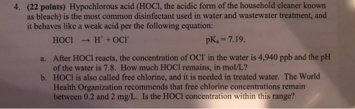 Solved Hypochlorous acid (HOC1, the acidic form of the | Chegg.com