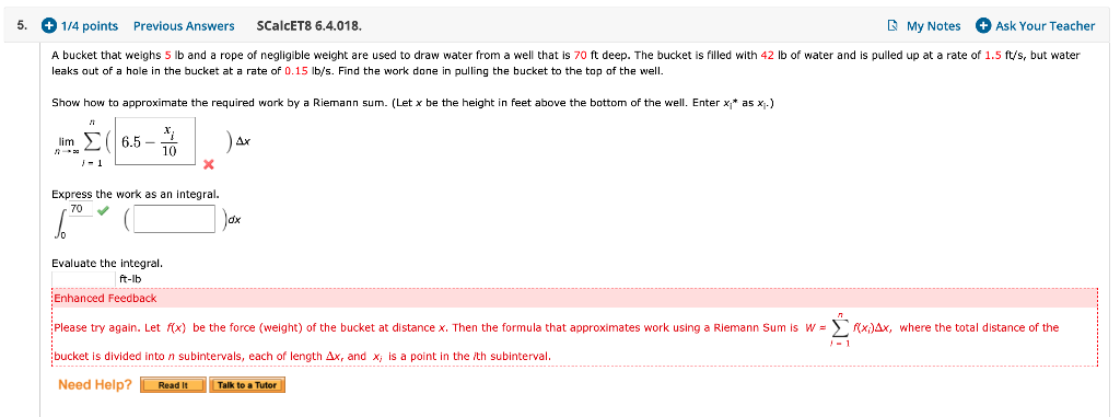 Solved 5. + 1/4 points Previous Answers CalcET8 6.4.018. My | Chegg.com