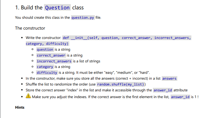 Solved 1. Build the Question class You should create this | Chegg.com
