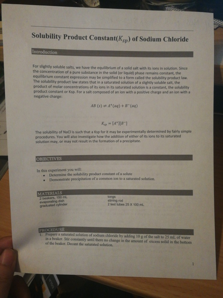 Solved Solubility Product Constant(Ksp) of Sodium Chloride | Chegg.com