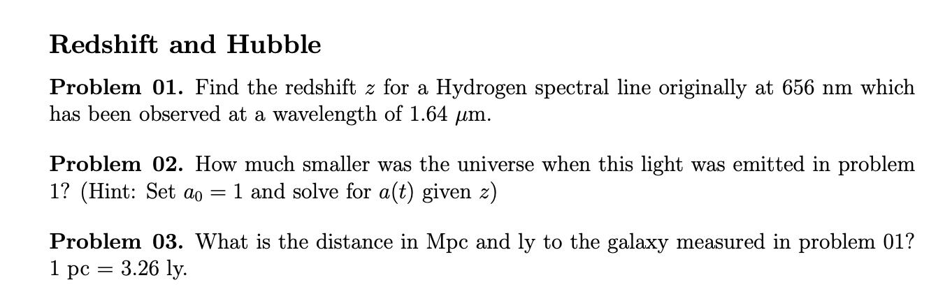 Solved Redshift and Hubble Problem 01. Find the redshift z | Chegg.com