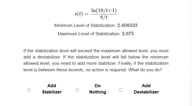 Solved s(t)=ln(19t+1)8tMinimum Level of Stabilization: | Chegg.com