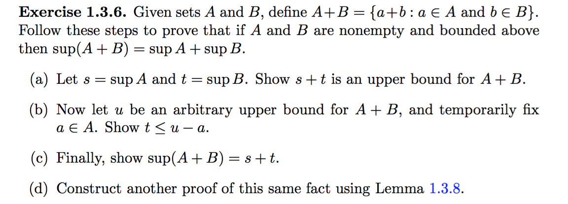Solved Exercise 1.3.6. Given sets A and B, define A+B = | Chegg.com