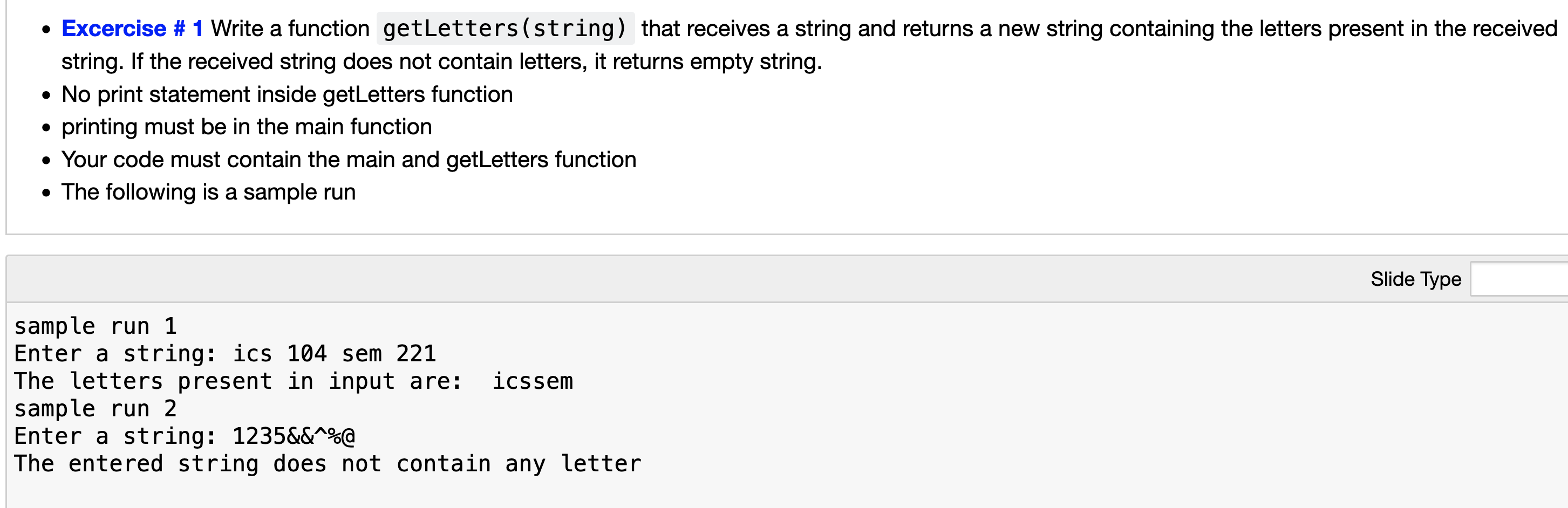 Solved - Excercise #1 Write a function getLetters (string) | Chegg.com