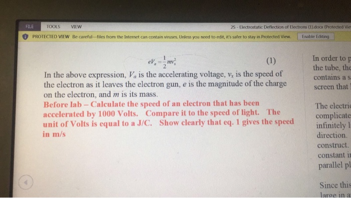 Solved eV_a = 1/2mv^2_x In the above expression, V_a is the | Chegg.com