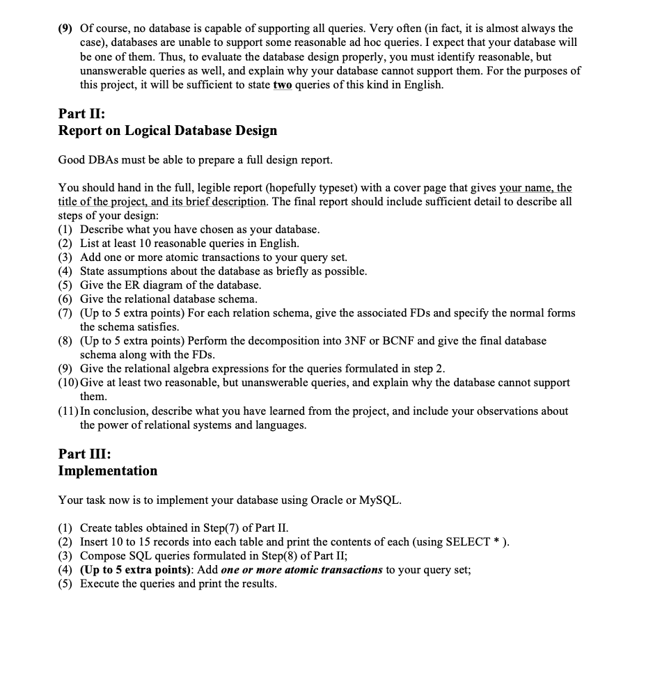Solved Database Design Project Team Project: Up to 5 people. | Chegg.com