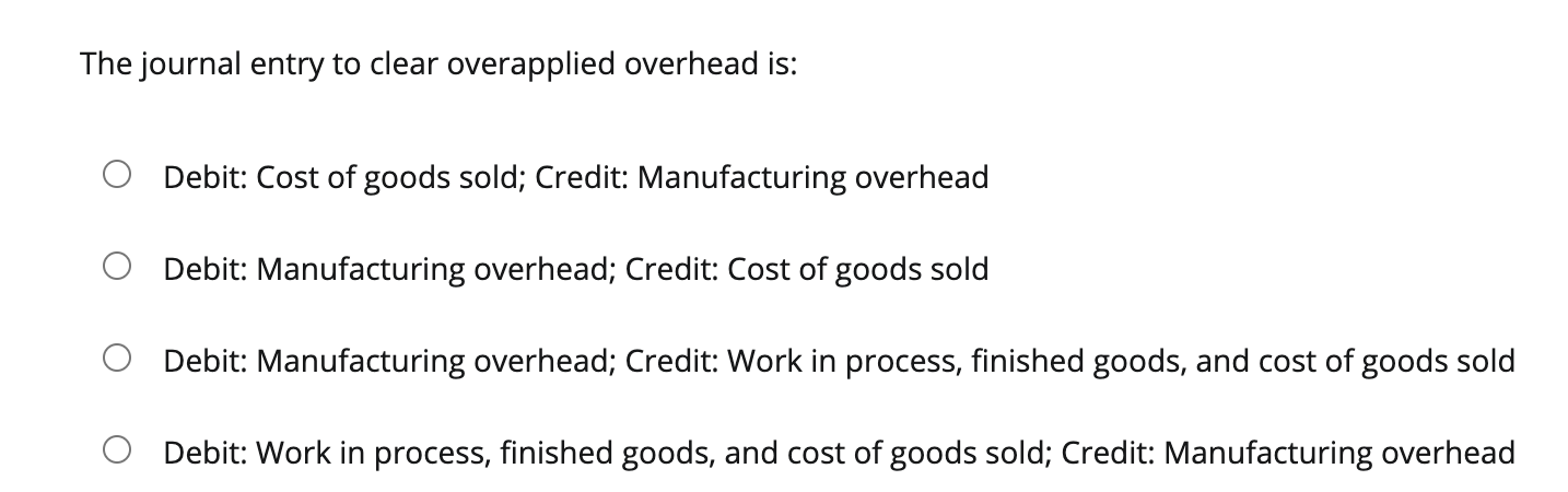 Solved The journal entry to clear overapplied overhead is: | Chegg.com