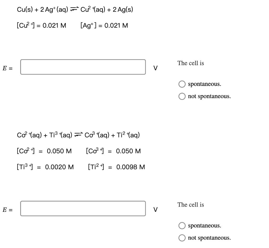 Solved Calculate The Cell Potential E For The Given