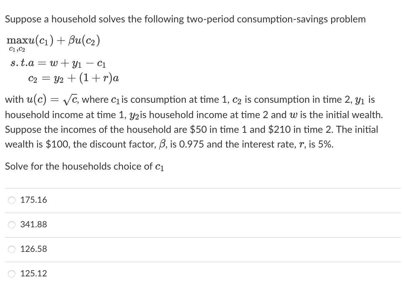 Solved Suppose a household solves the following two-period | Chegg.com