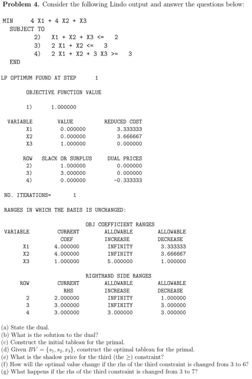 Solved Problem 4. Consider the following Lindo output and | Chegg.com
