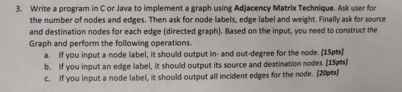 3. Write a program in Cor Java to implement a graph | Chegg.com