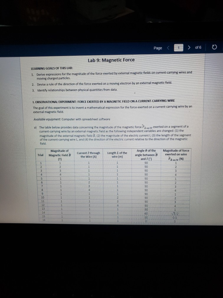 Solved Page of 6 0 Lab 9: Magnetic Force LEARNING | Chegg.com