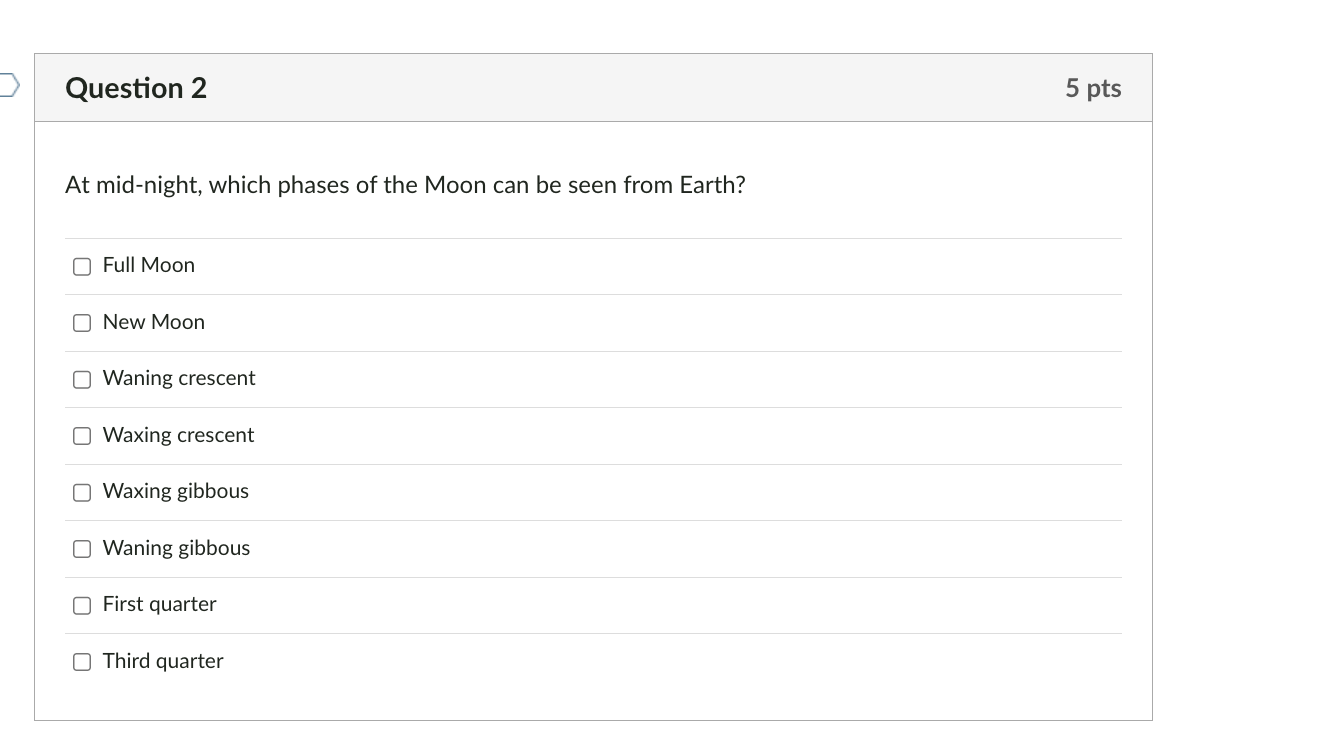 Solved At mid-night, which phases of the Moon can be seen | Chegg.com