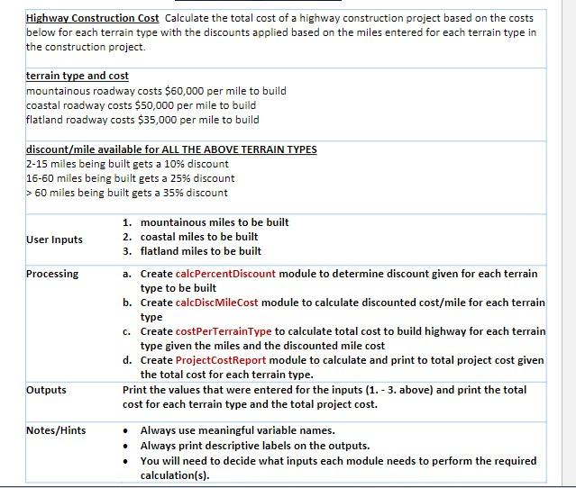 Solved Highway Construction Cost Calculate the total cost of | Chegg.com