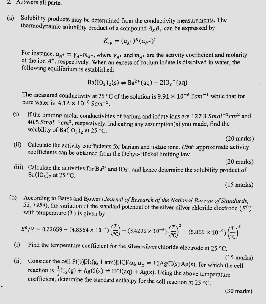 Solved (a) Solubility products may be determined from the | Chegg.com