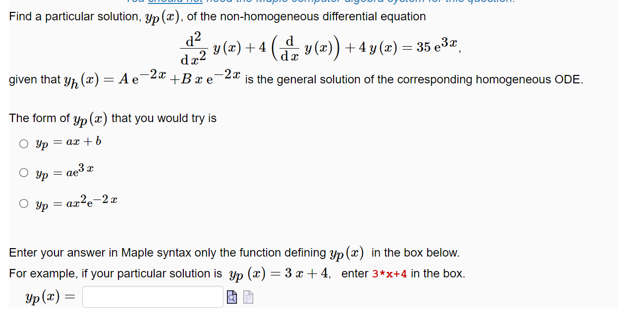 Solved Find a particular solution, yp(x) , of the | Chegg.com