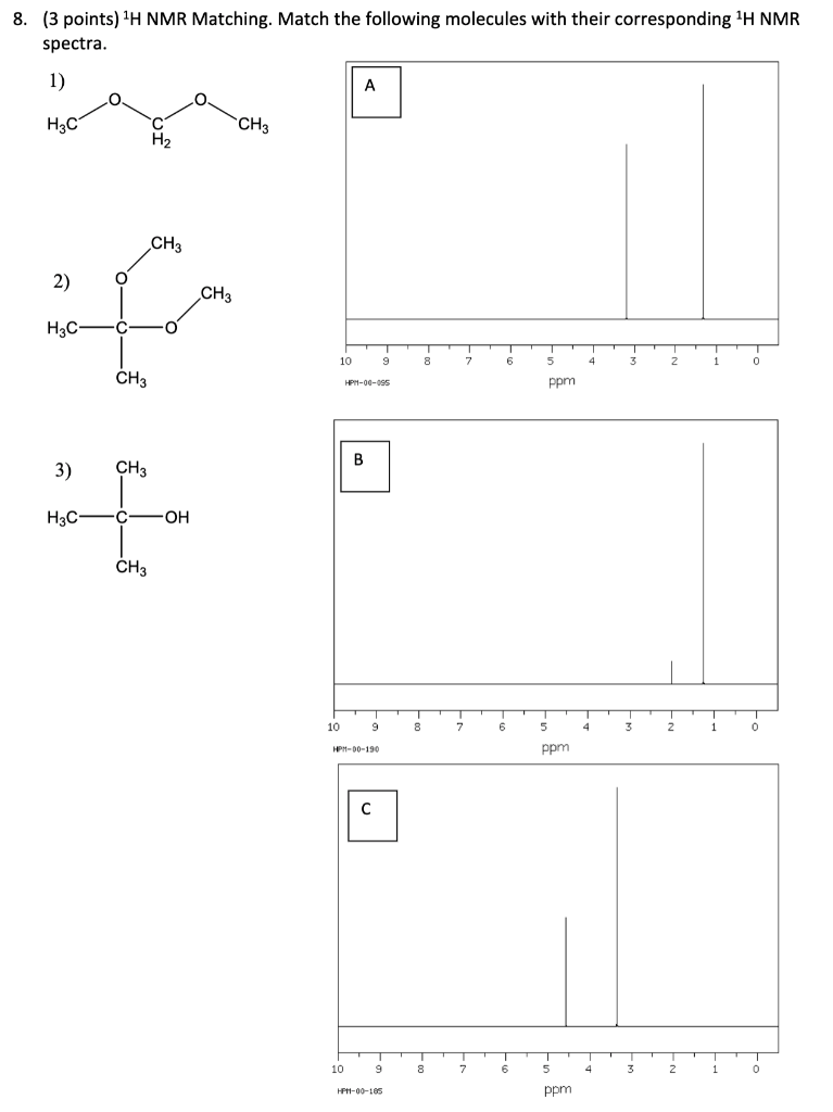Solved 8. (3 points) 1H NMR Matching. Match the following | Chegg.com Solved 8. (3 points) 1H NMR Matching. Match the following | Chegg.com