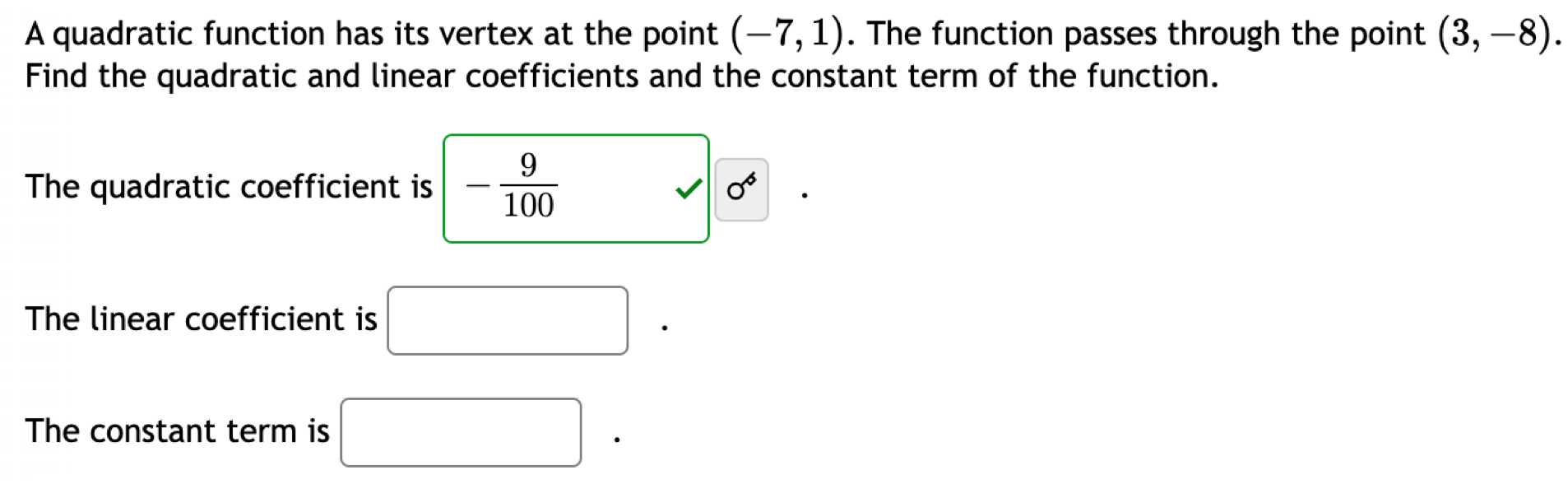 Solved A quadratic function has its vertex at the point | Chegg.com