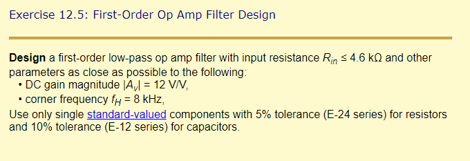 Solved Exercise 12.5: First-Order Op Amp Filter Design | Chegg.com