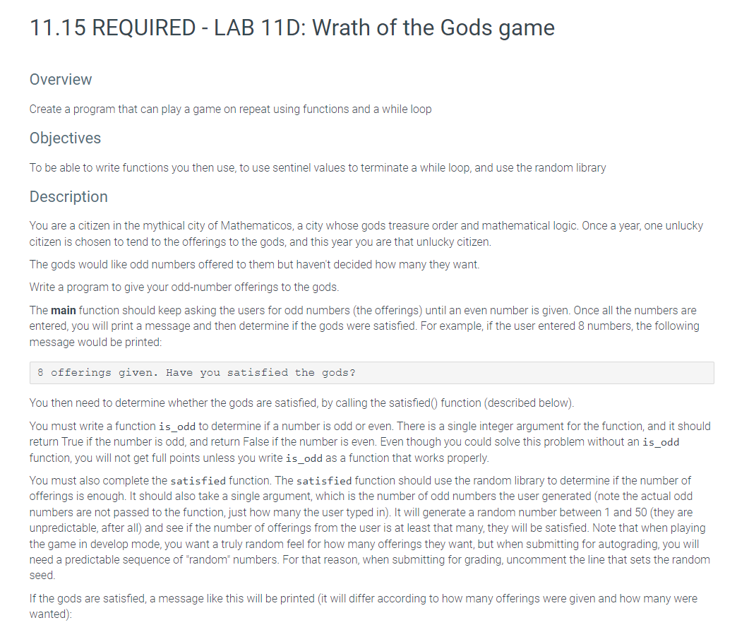 Solved 11.15 REQUIRED - LAB 11D: Wrath of the Gods game | Chegg.com