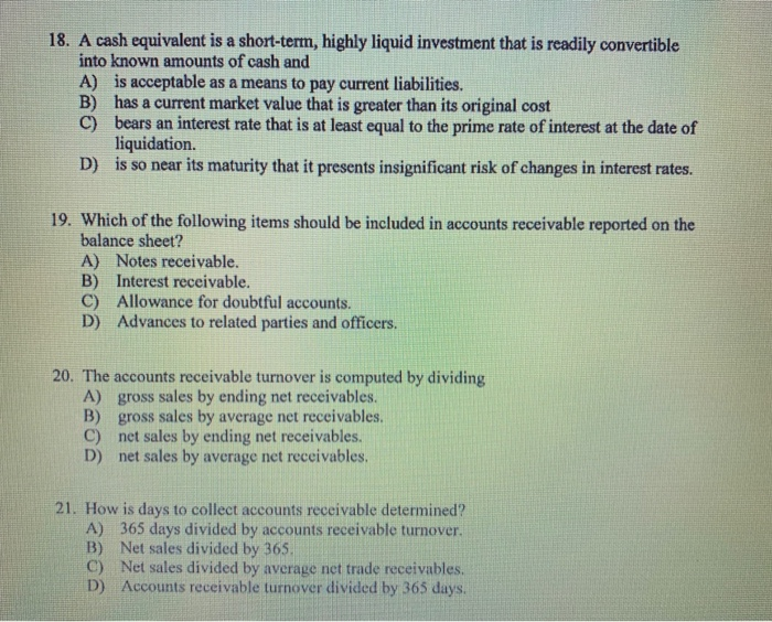 Solved 18. A cash equivalent is a short-term, highly liquid | Chegg.com