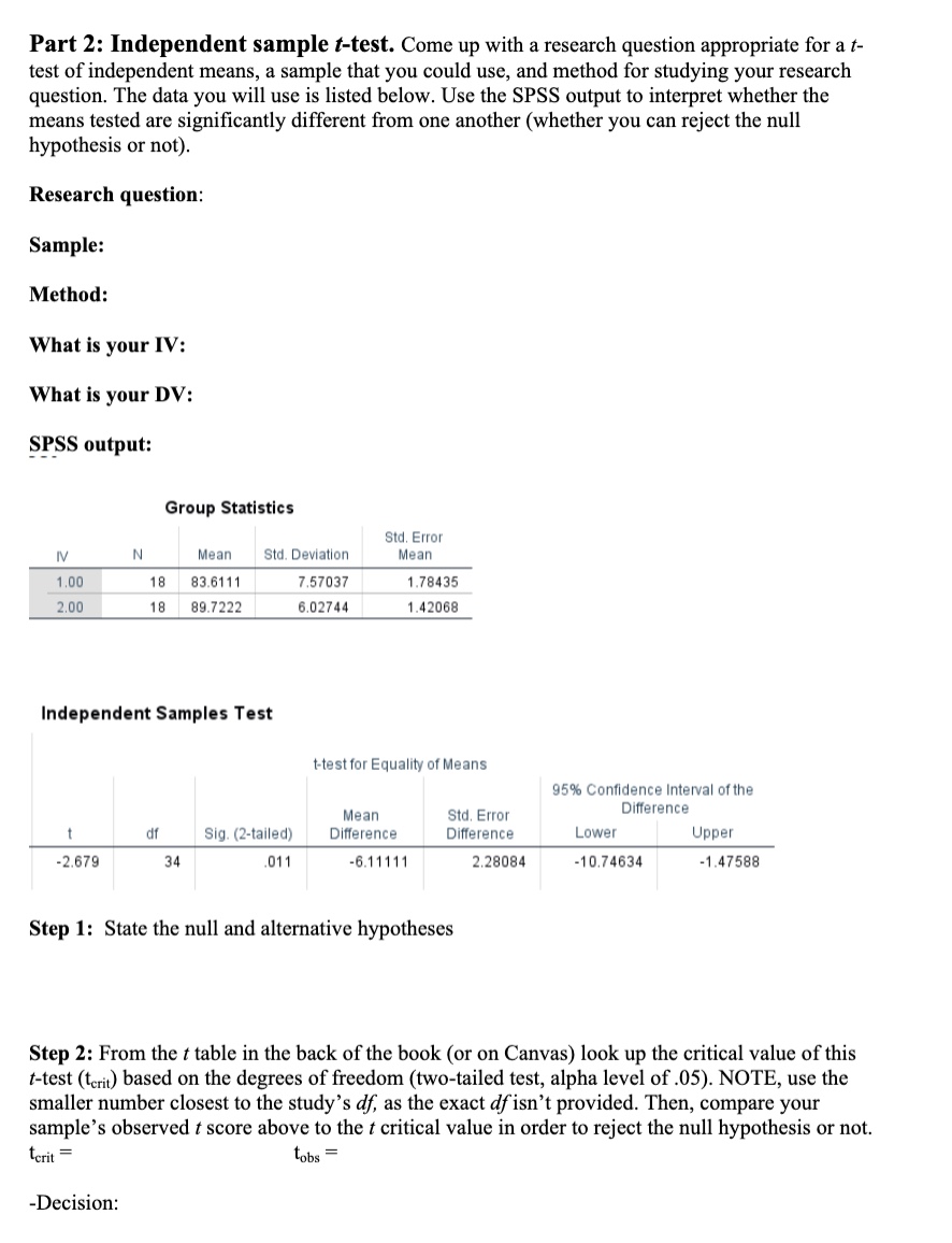 Solved Part 2: Independent sample t-test. Come up with a | Chegg.com
