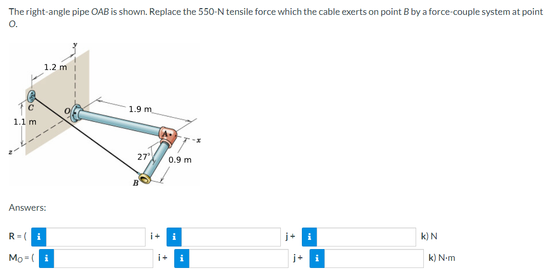 Solved The right-angle pipe OAB is shown. Replace the 550-N | Chegg.com