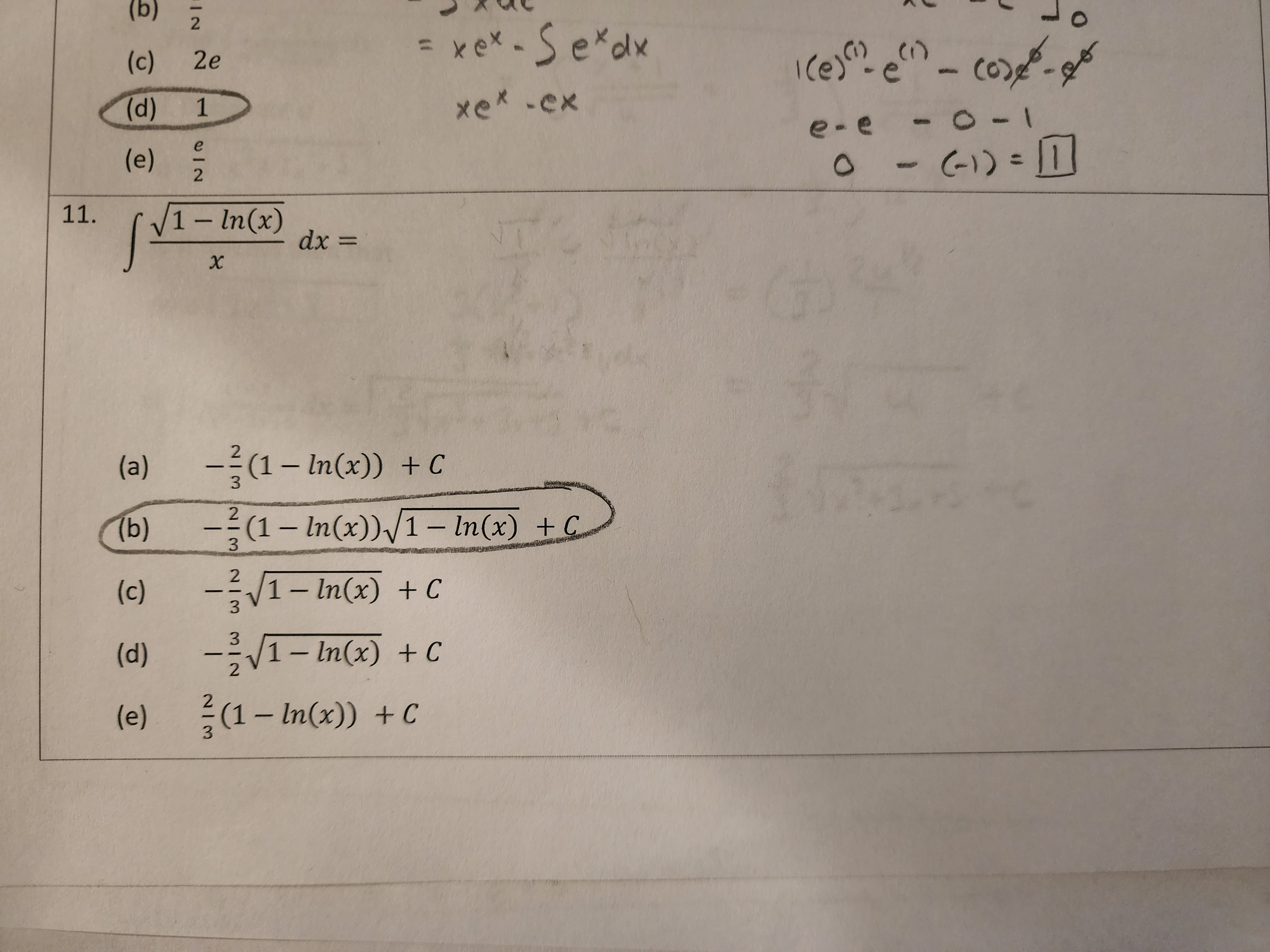 Solved (c) 2e=xex-∫﻿﻿exdx1(e)(1)-e(1)-(0)x6-x6(d) 1xex-exe-e | Chegg.com