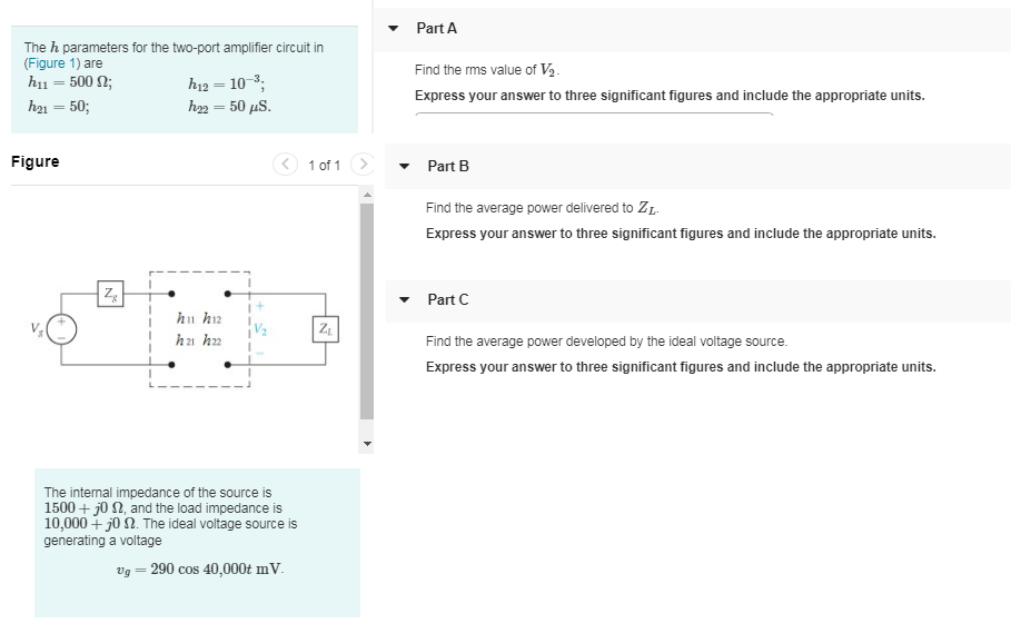 Solved Part A The h parameters for the two-port amplifier | Chegg.com