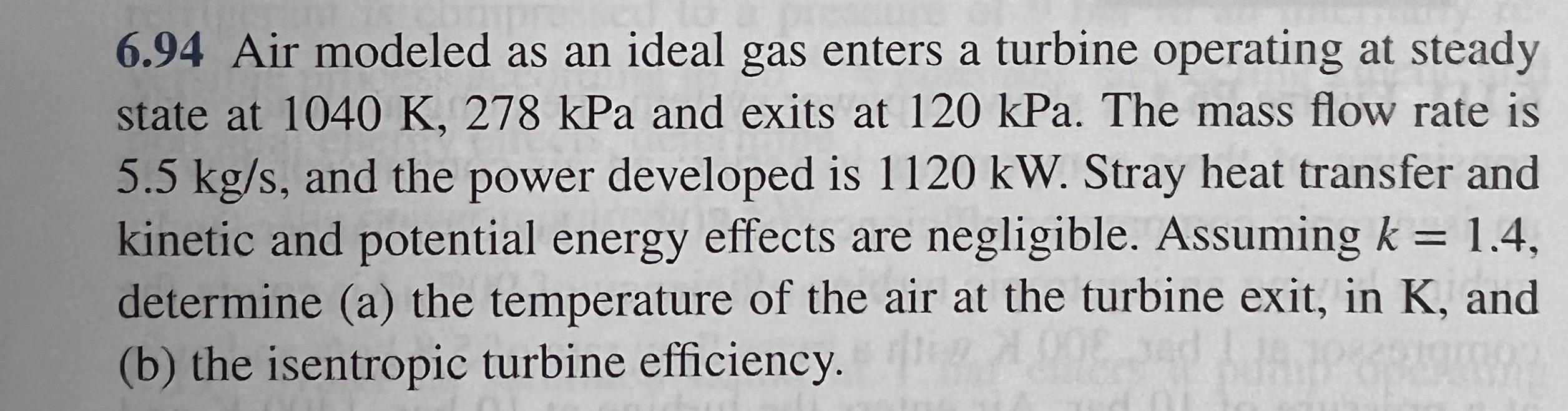 Solved 6.94 Air modeled as an ideal gas enters a turbine | Chegg.com