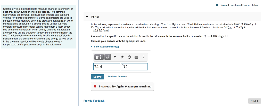 Solved A Review Constants Periodic Table Part A Calorimetry | Chegg.com
