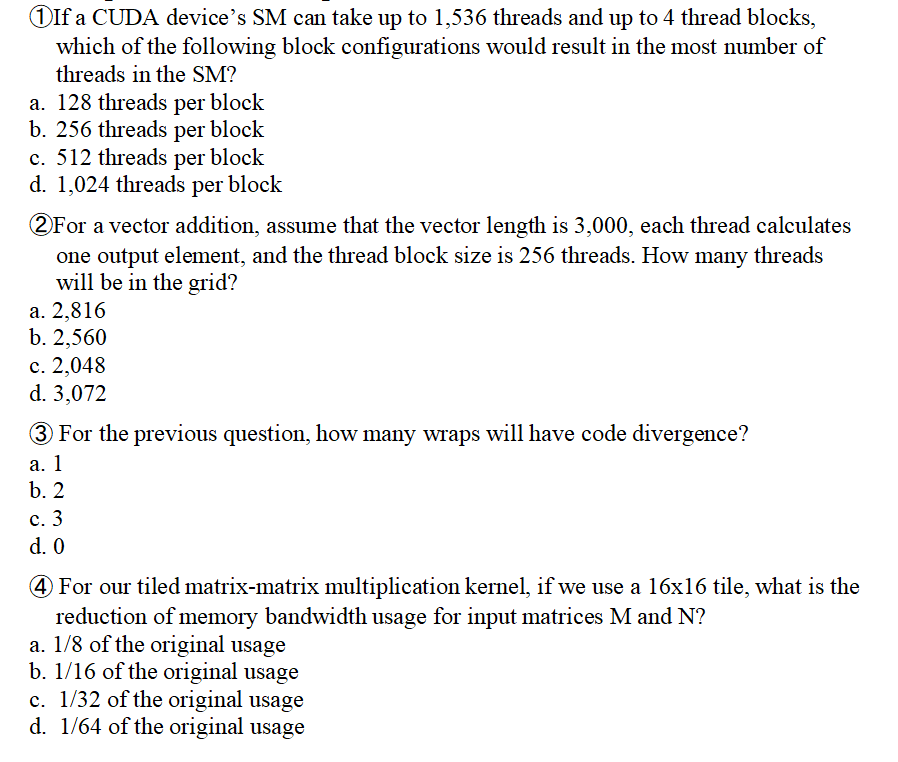 Solved (1)If a CUDA device's SM can take up to 1,536 threads | Chegg.com