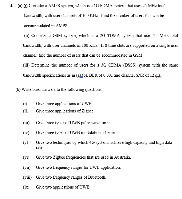 Solved 4. (a) (1) Consider a AMPS system, which is a 1G FDMA | Chegg.com