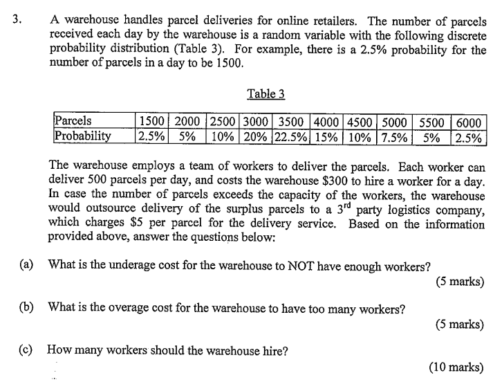 Solved A warehouse handles parcel deliveries for online | Chegg.com