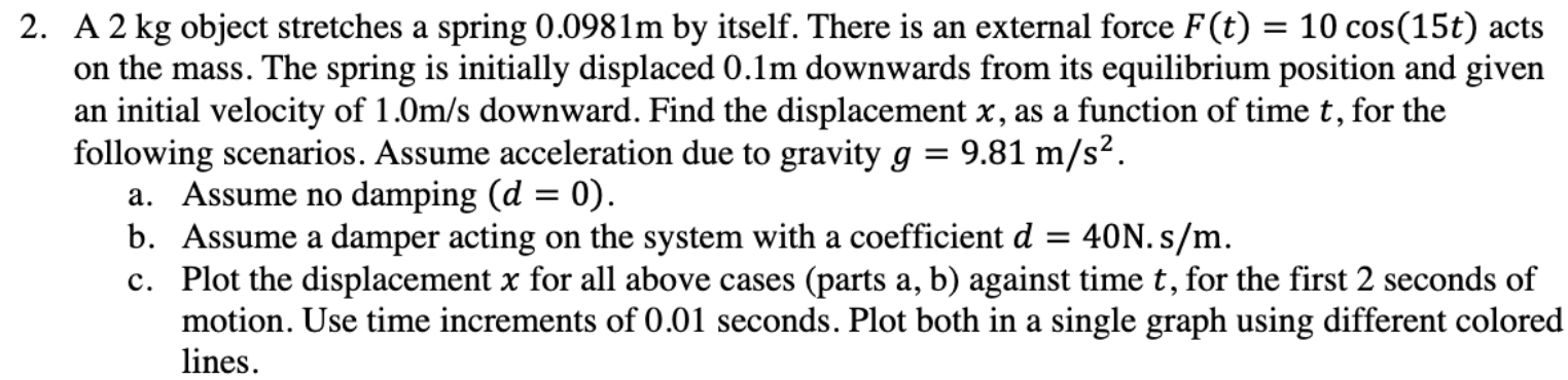 Solved 2. A 2 kg object stretches a spring 0.0981m by | Chegg.com