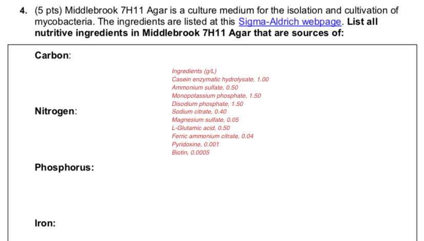 Solved 4. (5 pts) Middlebrook 7H11 Agar is a culture medium | Chegg.com