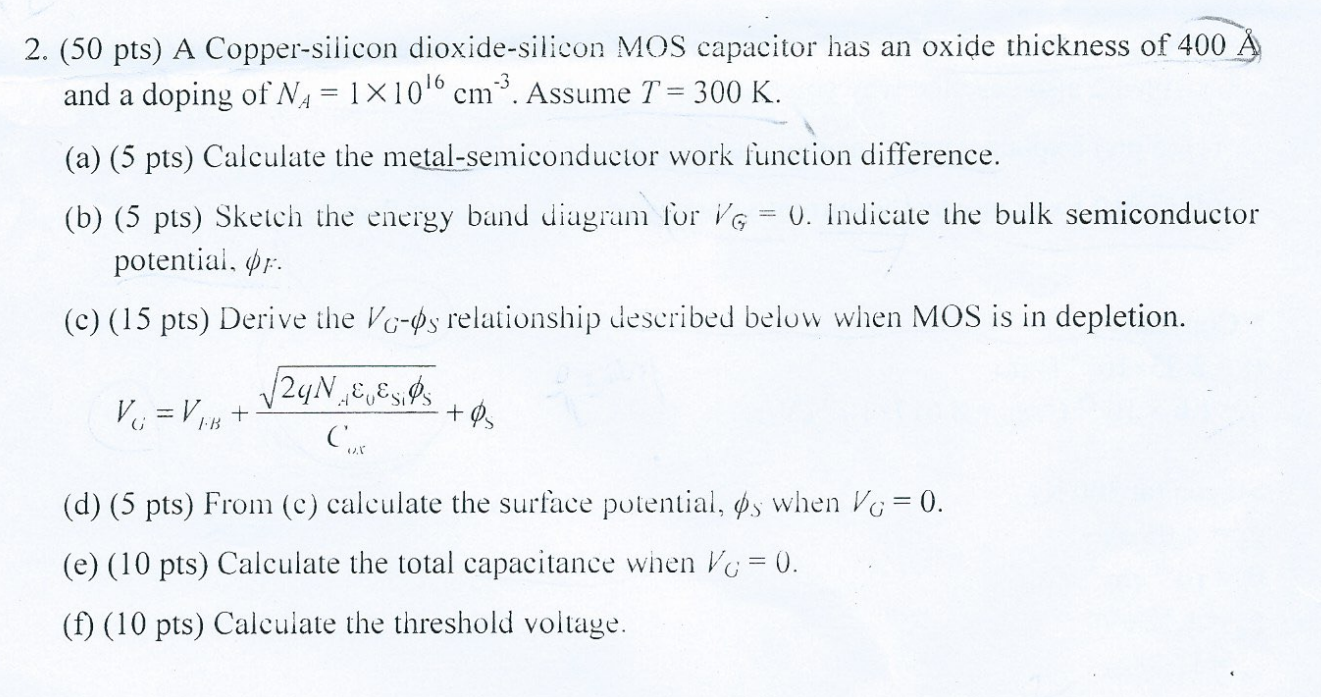 Solved 2. (50 pts) A Copper-silicon dioxide-silicon MOS | Chegg.com