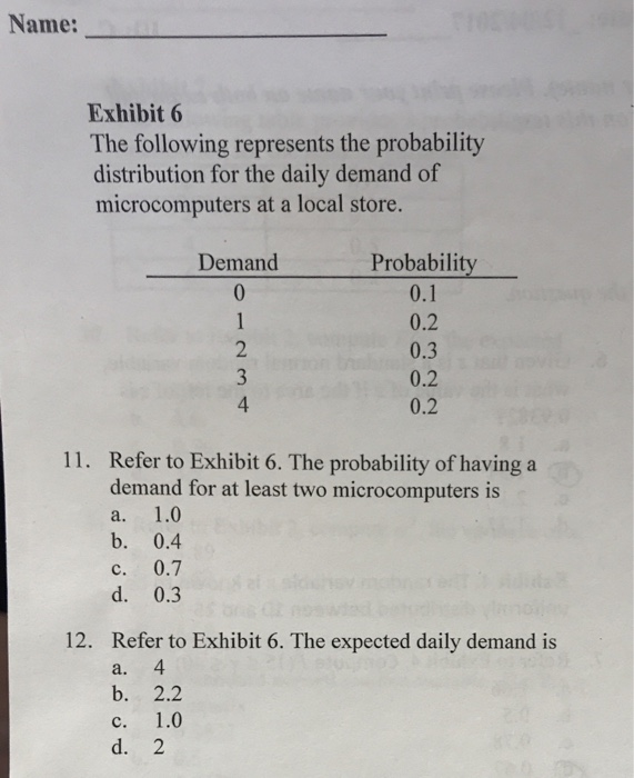 Solved Name: Exhibit 6 The following represents the | Chegg.com
