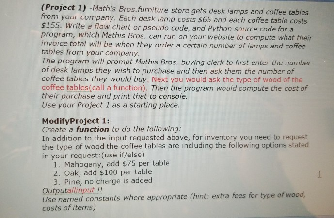 Solved (Project 1) -Mathis Bros.furniture store gets desk | Chegg.com